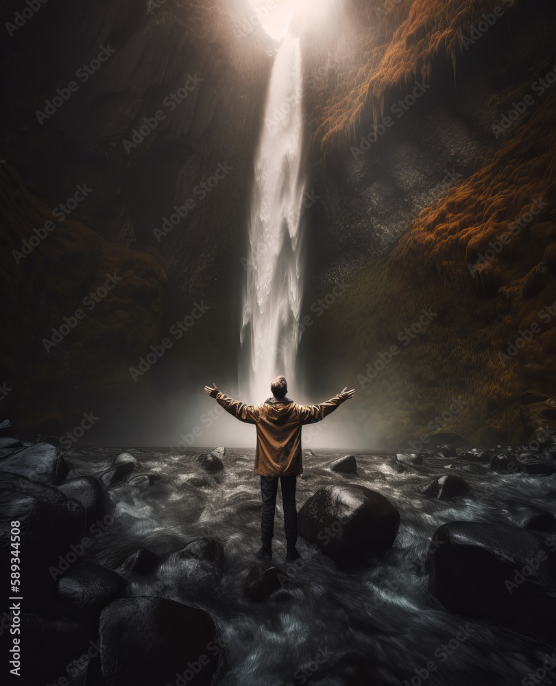 Poster, Foto man standing in front of a waterfall overlooking iceland ...