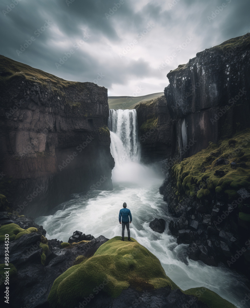 man standing in front of a waterfall overlooking iceland, happycore ...