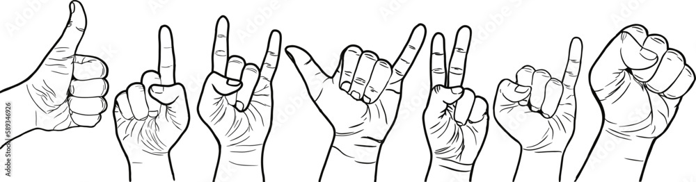 Hands poses. Female hand holding and pointing gestures, fingers crossed, fist, peace and thumb ...