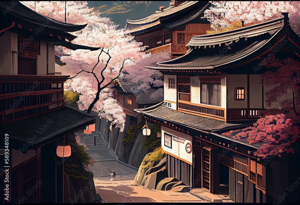 Peaceful digital illustration of a traditional Japanese street ...