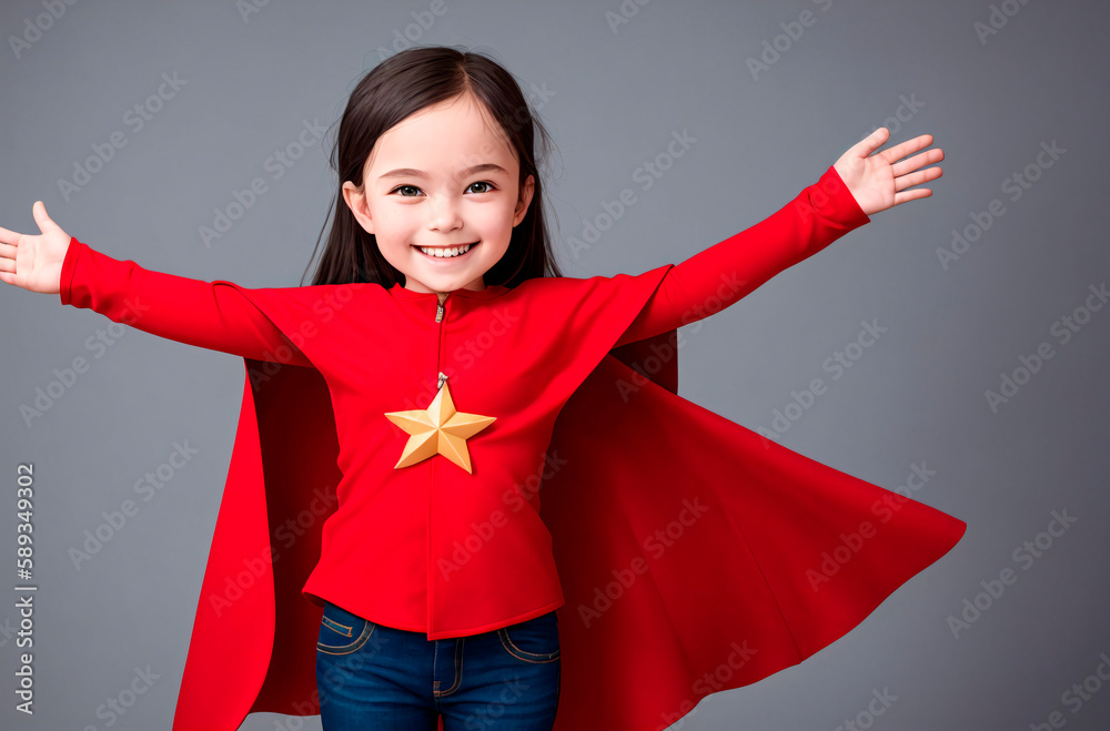Little girl superhero. Portrait of happy kid with smile on face in ...