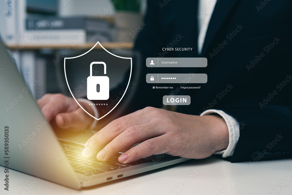 Cyber security and log in access concept, businessman using laptop connecting to application for ...