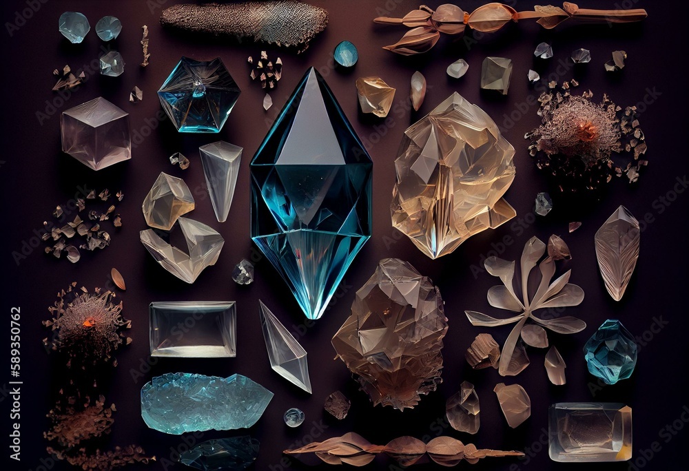 crystal collection layout, Top view still life alternative medicine or ...
