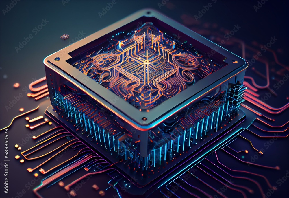 AI generative illustration of a quantum computer processor and neural network. Grid of nodes and ...