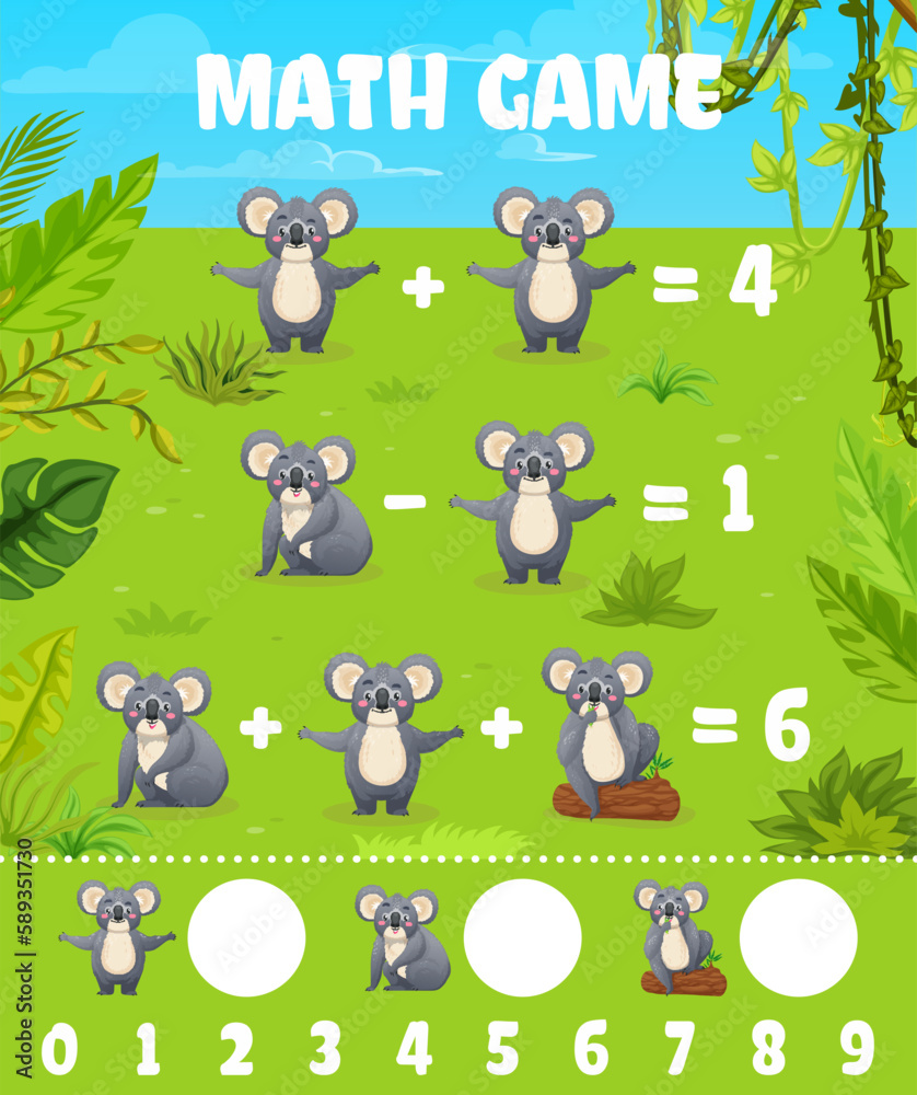 Funny koala bear characters math game worksheet. Vector mathematics ...