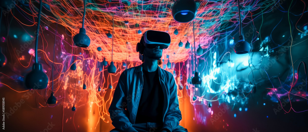 AI enhanced virtual reality, a person wearing a futuristic VR headset ... AI enhanced virtual reality, a person wearing a futuristic VR headset ...