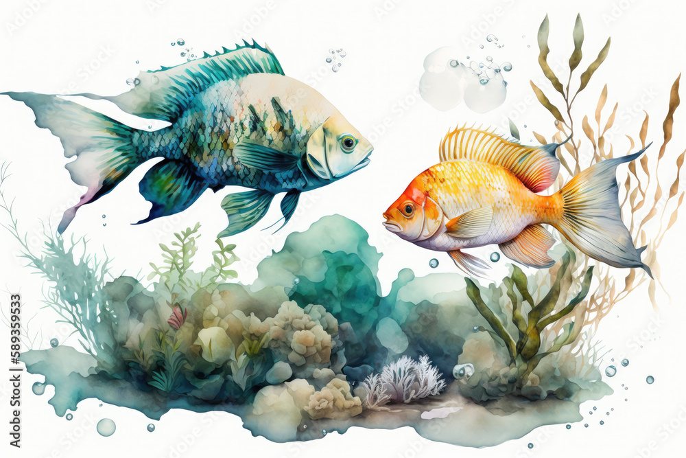Watercolor fish, underwater aquatic illustration, fishes concept art ...