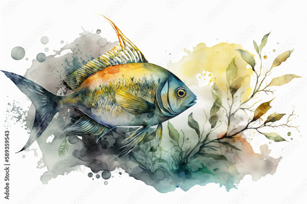 Watercolor fish, underwater aquatic illustration, fishes concept art ...