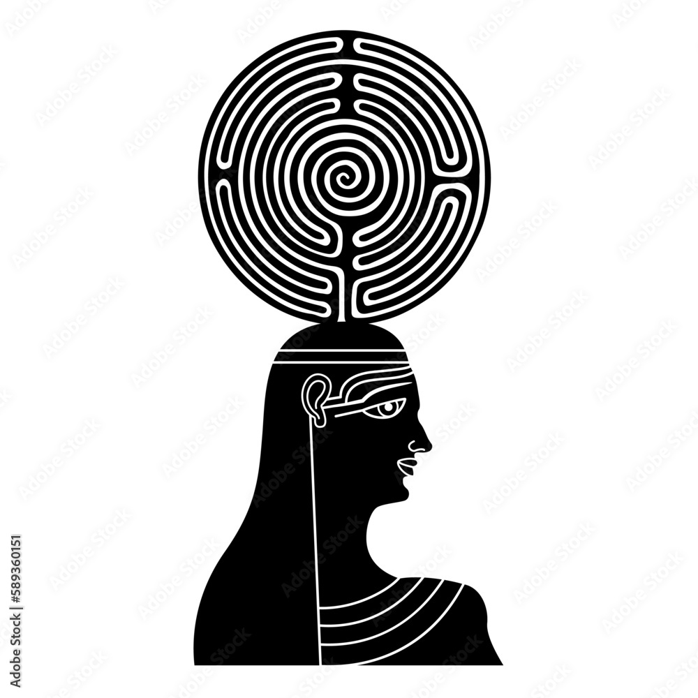 Portrait in profile of antique woman holding a round spiral maze or ...