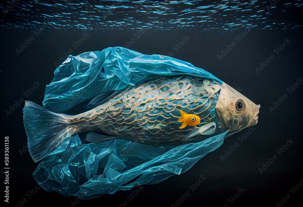 Ocean plastic pollution. A fish with plastic bag in the ocean ...