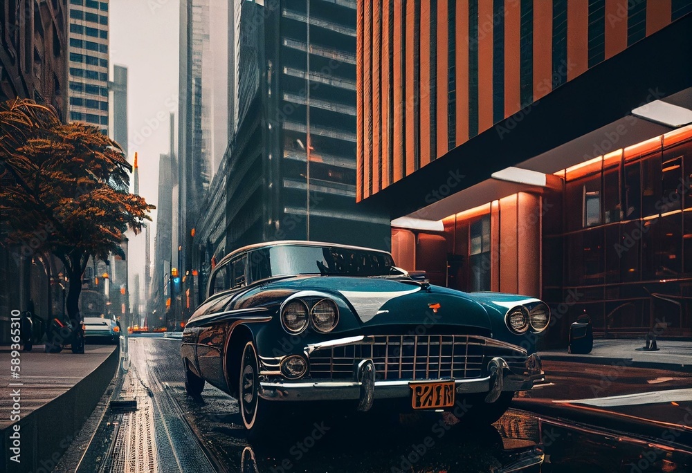 vintage car in modern city surrounded by tall buildings, generative ai ...