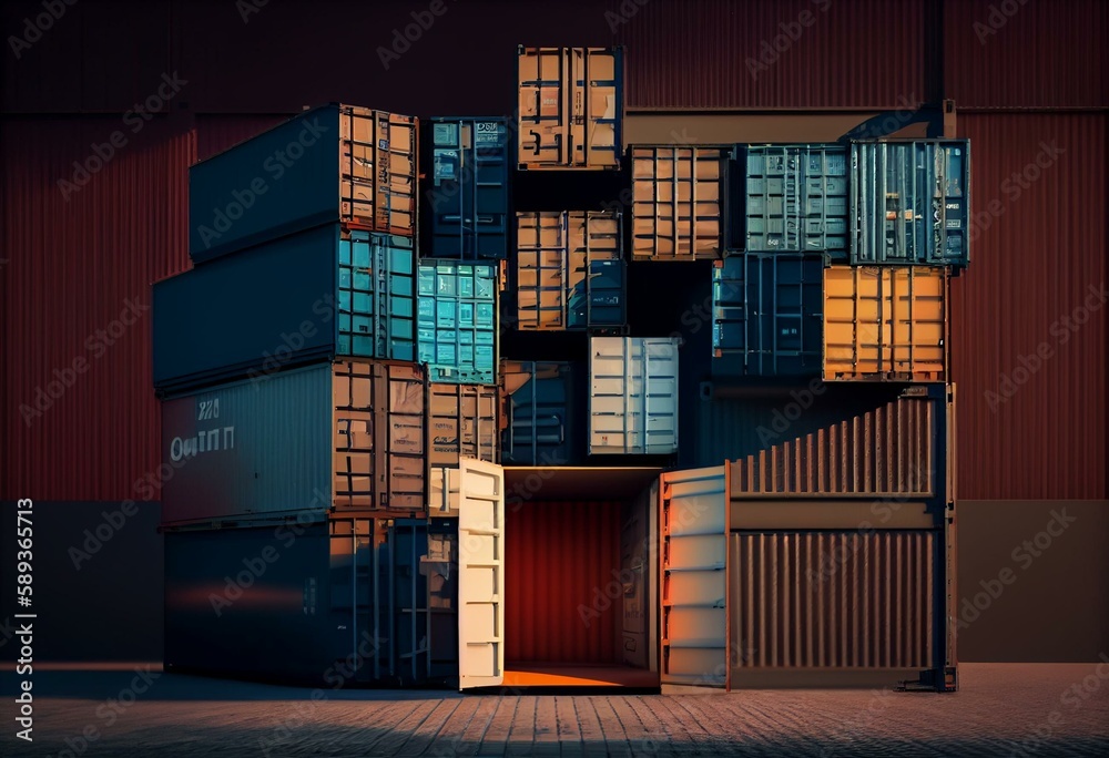 Cargo container with boxes. Empty warehouse with sea container ...