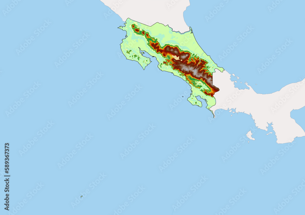 High detailed vector Costa Rica physical map, topographic map of Costa ...