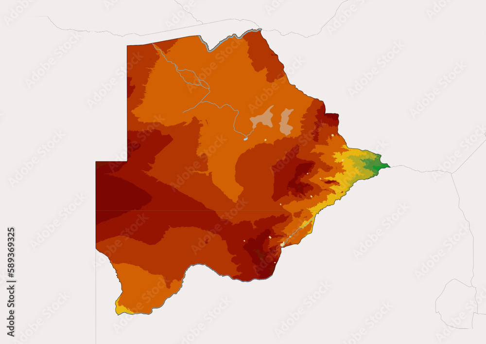 High detailed vector Botswana physical map, topographic map of Botswana on white with rivers ...