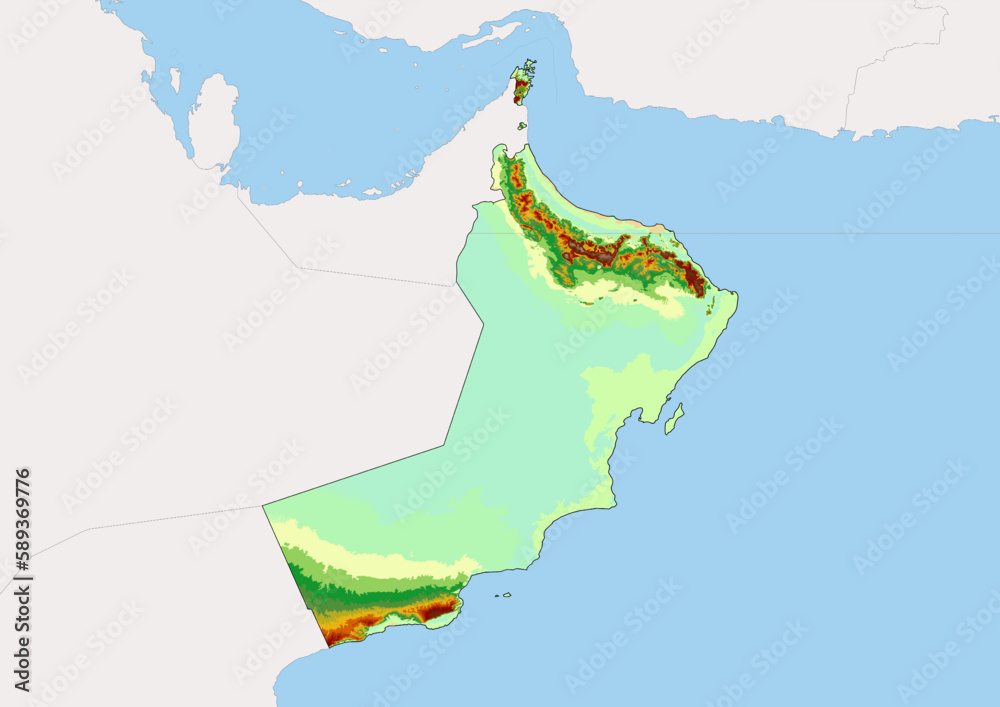 High detailed vector Oman physical map, topographic map of Oman on ...