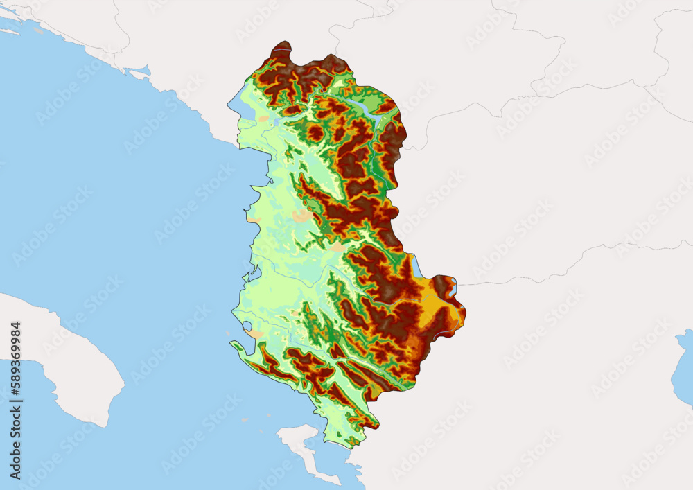 High detailed vector Albania physical map, topographic map of Albania ...