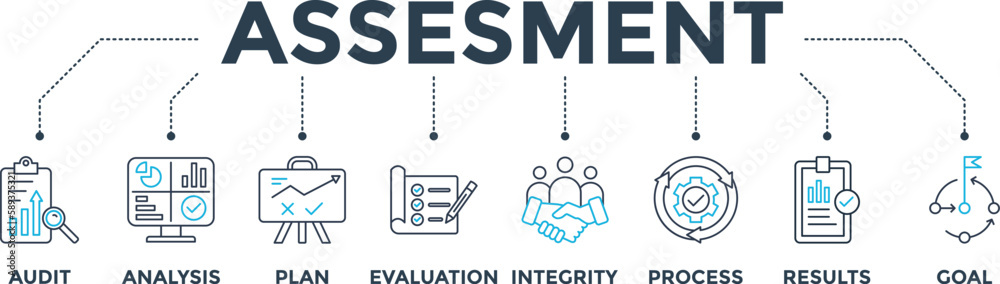 Assessment banner web icon vector illustration for accreditation and evaluation method on ...