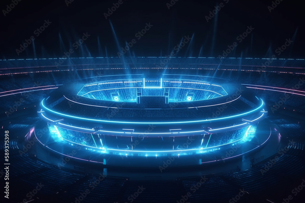 Grand blue neon digital stadium illuminated at night with spotlight ...