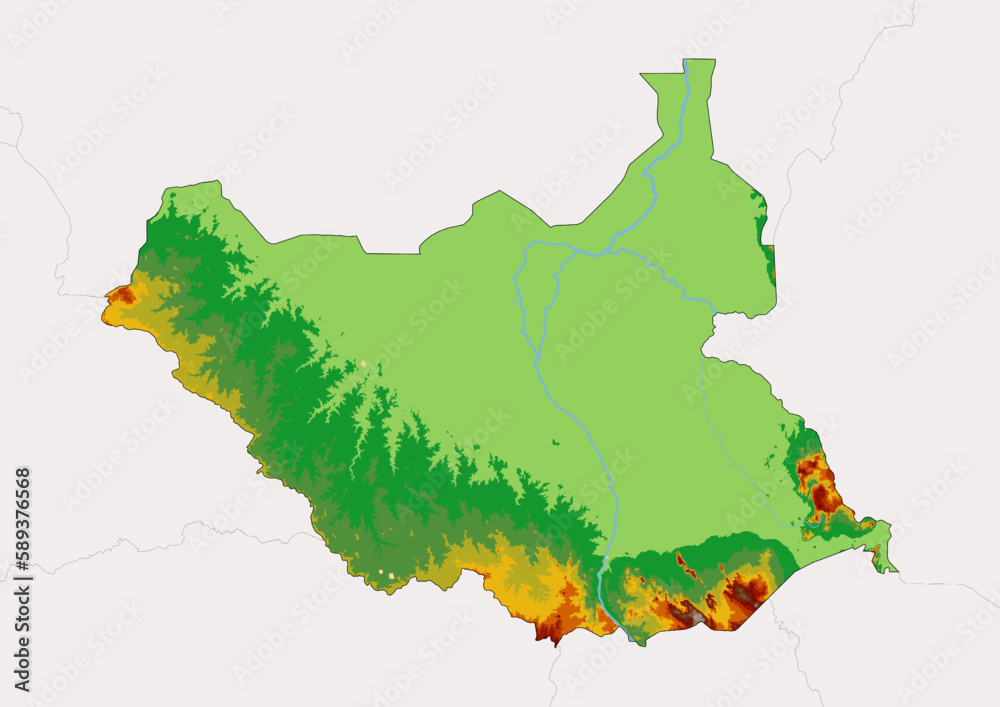 High detailed vector South Sudan physical map, topographic map of South ...