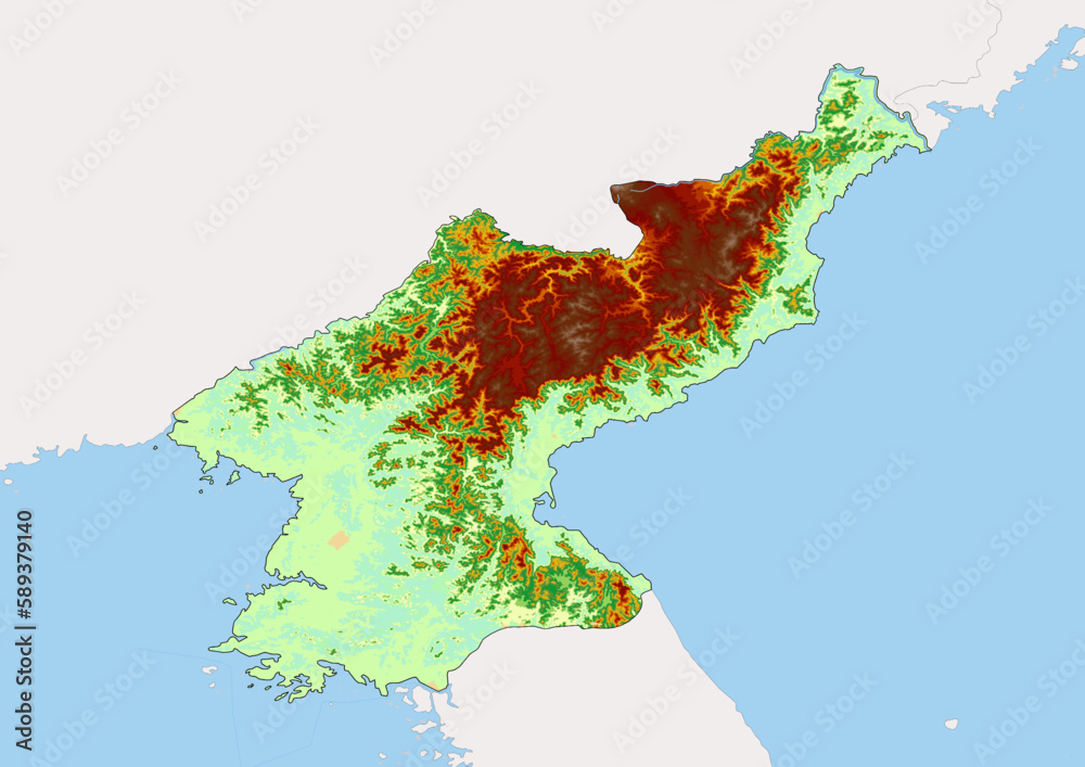 High detailed vector North Korea physical map, topographic map of North ...