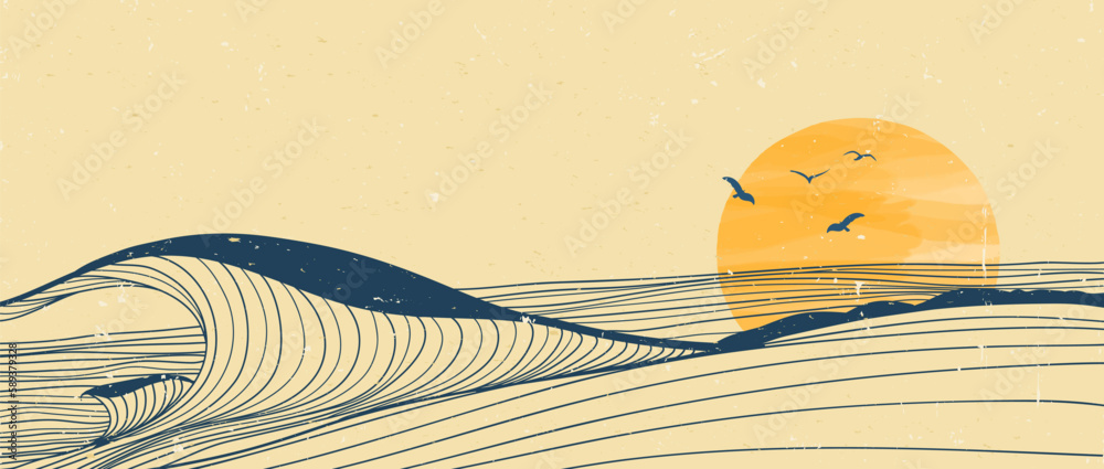 Ocean wave landscape illustration. Creative minimalist modern line art ...