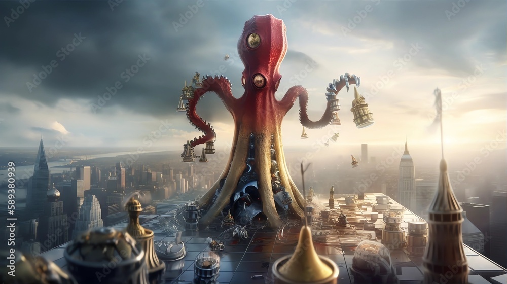 Surreal Chess Match between Giant Octopus and Human Background, Made ...