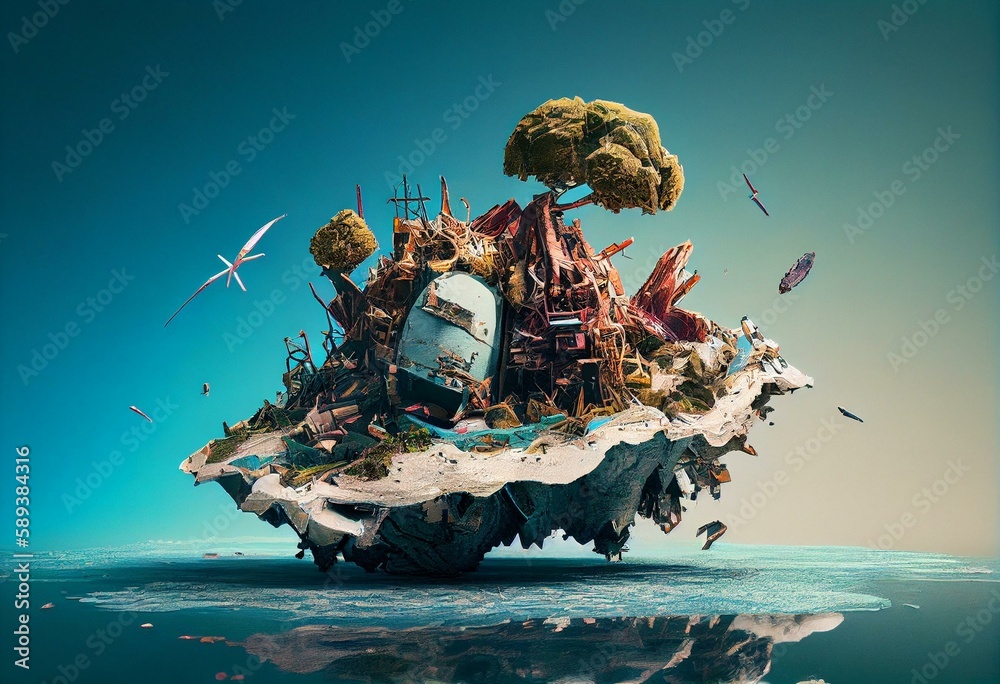 "Junk Island: A Surreal Floating Landscape of Debris and Waste" AI ...