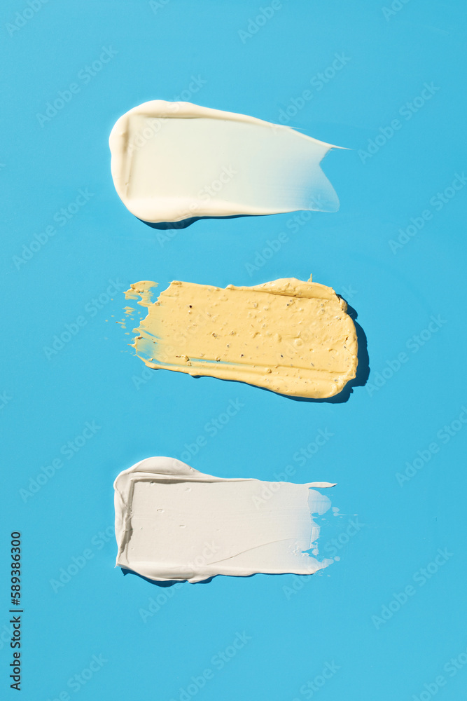 Samples and textures of various cosmetics for skin and hair care ...