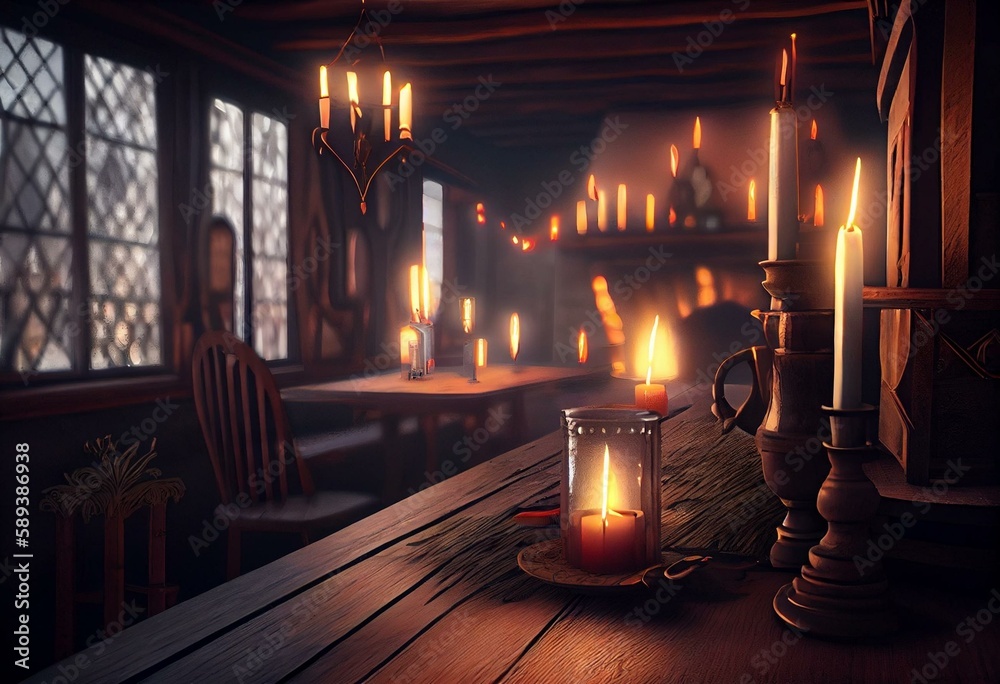 Dark moody medieval fantasy tavern inn bar with candles burning and ...