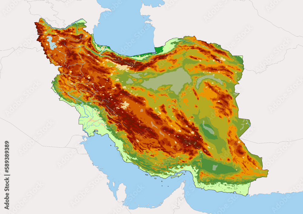 High detailed vector Iran physical map, topographic map of Iran on white with rivers, lakes and ...
