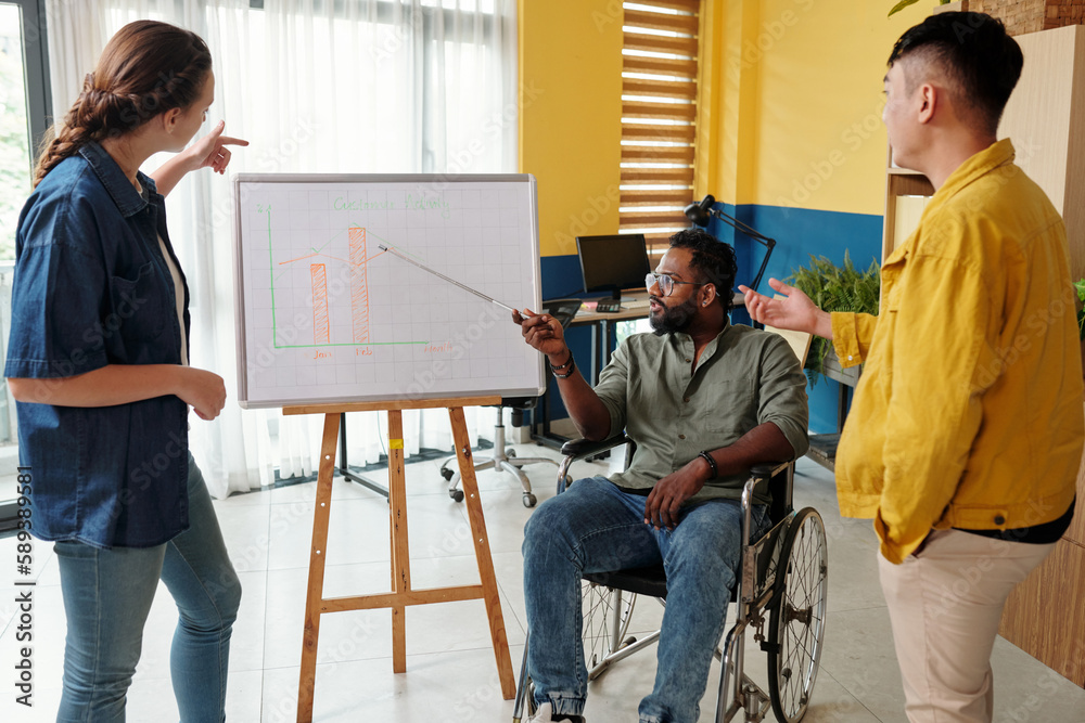 Office worker with disability pointing at whiteboard with chart when ...