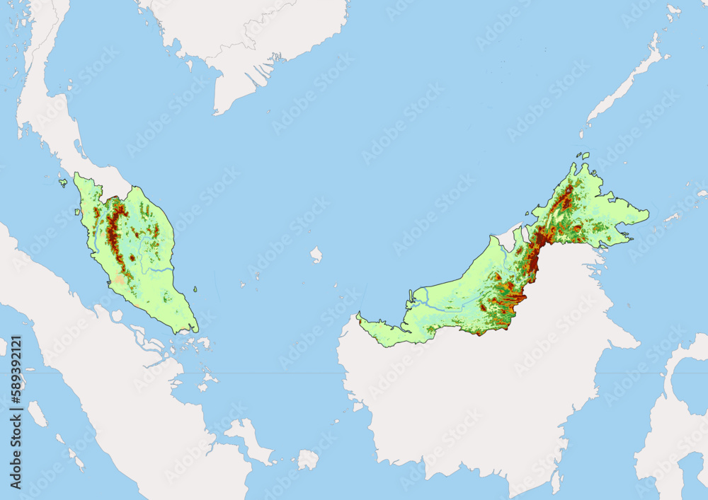 High detailed vector Malaysia physical map, topographic map of Malaysia ...