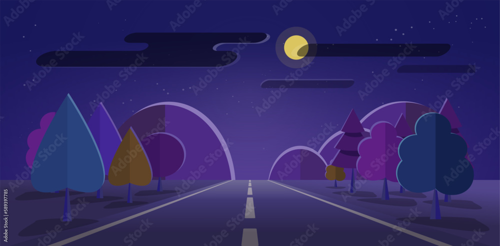 Landscape night road scene flat cartoon illustration vector, nature ...