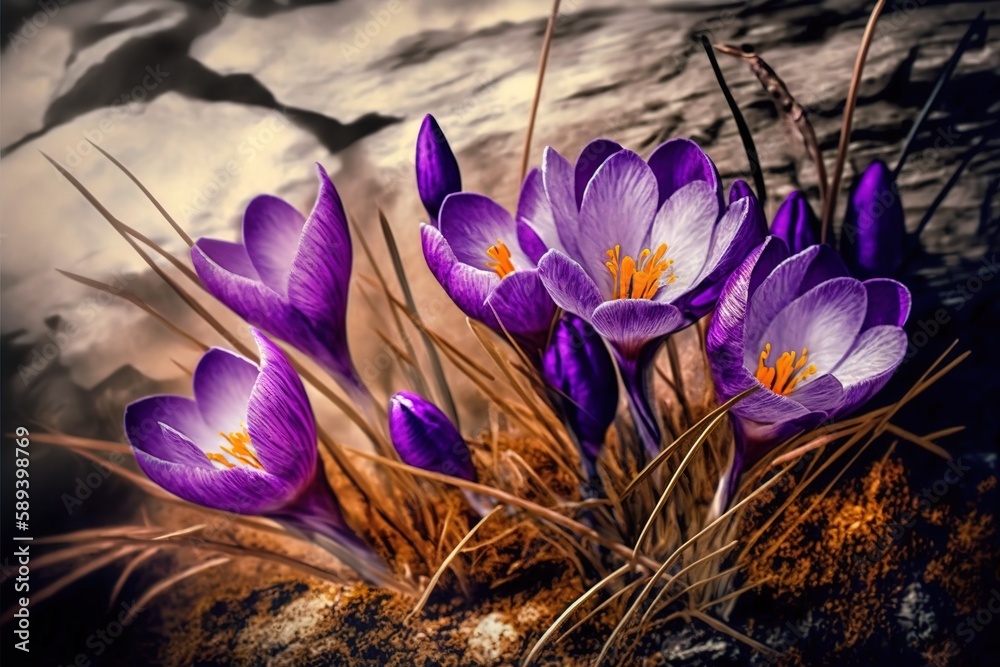 Violet crocus blossoms blooming in the parched grass herald the arrival ...