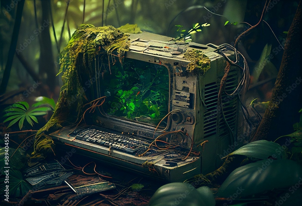 An old computer lying in the jungle. A post-apocalyptic ruin in the ...