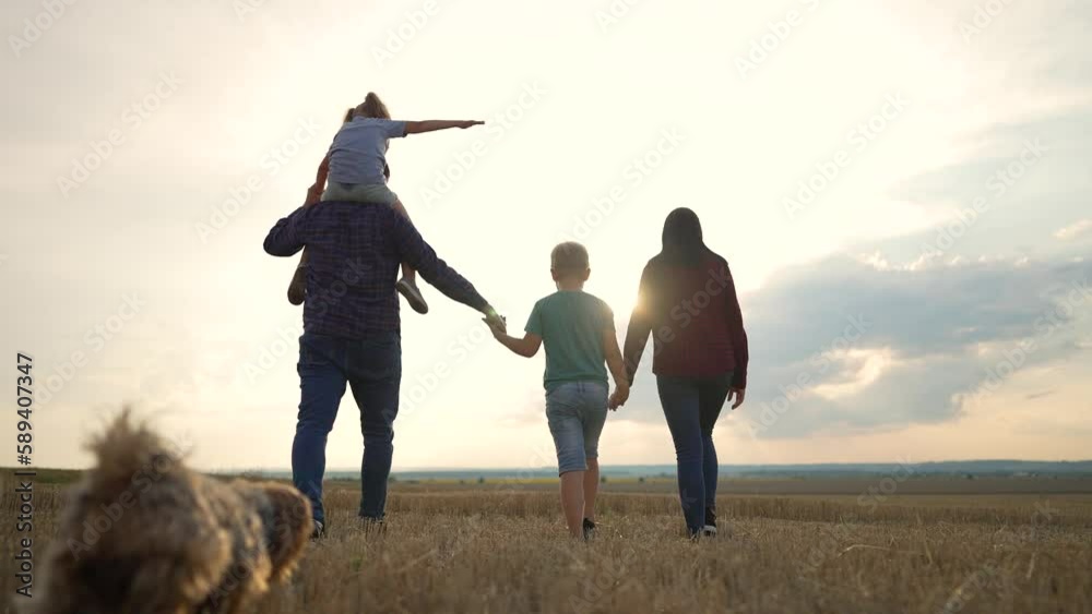People travel in park.Happy family walk in field in nature. happy ...
