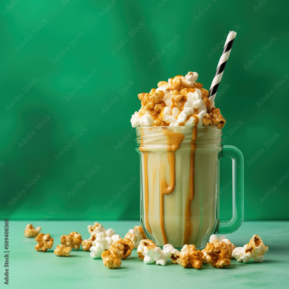 Milkshake with caramel and popcorn. Green background. AI generated ...