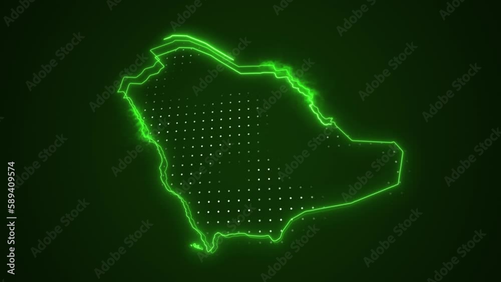 3D Moving Neon Green Saudi Arabia Map Borders Outline Loop Background ...