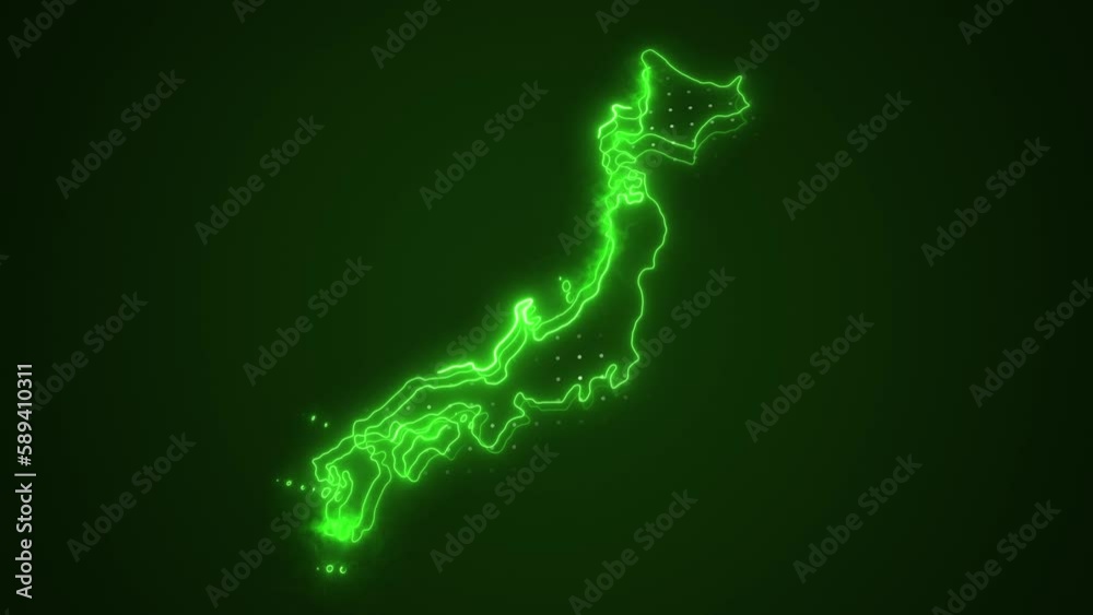 3D Moving Neon Green Japan Map Borders Outline Loop Background. Neon ...