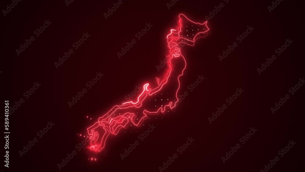3D Moving Neon Red Japan Map Borders Outline Loop Background. Neon Red ...