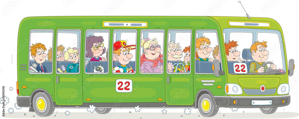 Green city bus with a funny driver and noisy passengers hurrying about ...