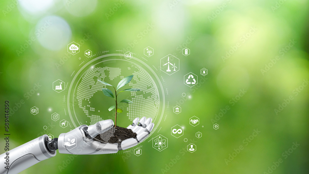 Globe and tree in robot hand with Environment icon. Green technology ...