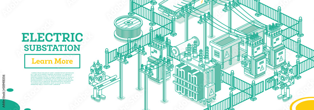 Isometric Energy Substation. Electric Transformer. Outline Concept ...