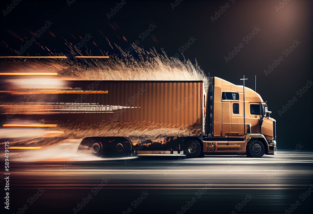 Side view of container truck driving at high speed. Cargo truck in high ...