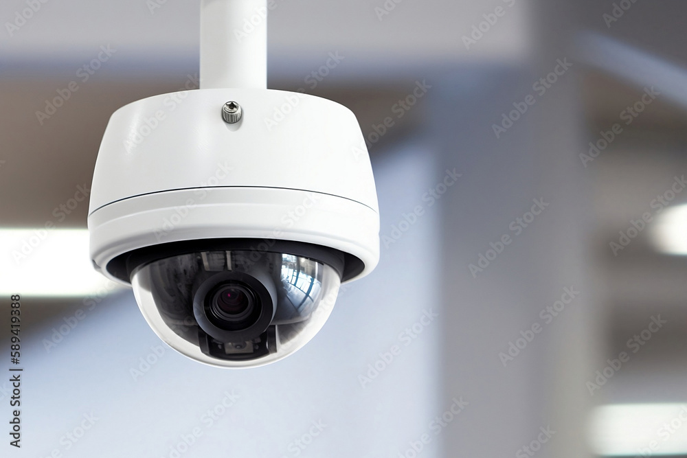 A round CCTV camera attached to ceiling. Camera monitoring inside the ...