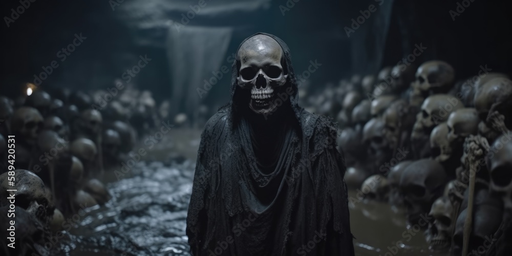 Death cult member wearing a horrific skull mask defiling the dead ...