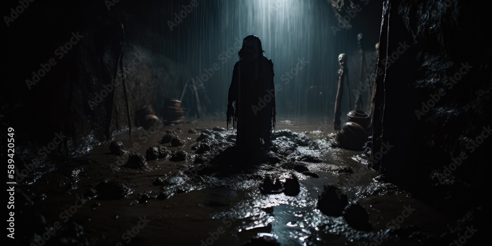 Fototapeta Death cult member wearing a horrific skull mask defiling the ...