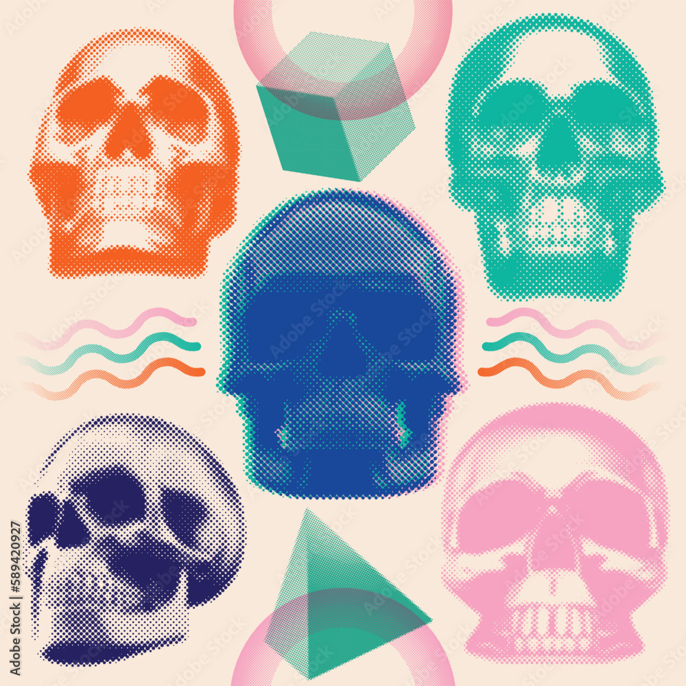 Set of halftone 3d skulls gradient pattern texture isolated. Skulls ...
