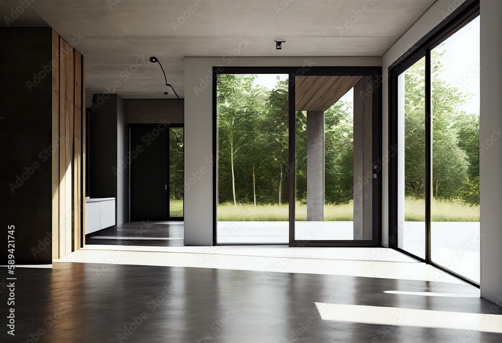 Modern contemporary empty hall with open sliding door overlooking ...