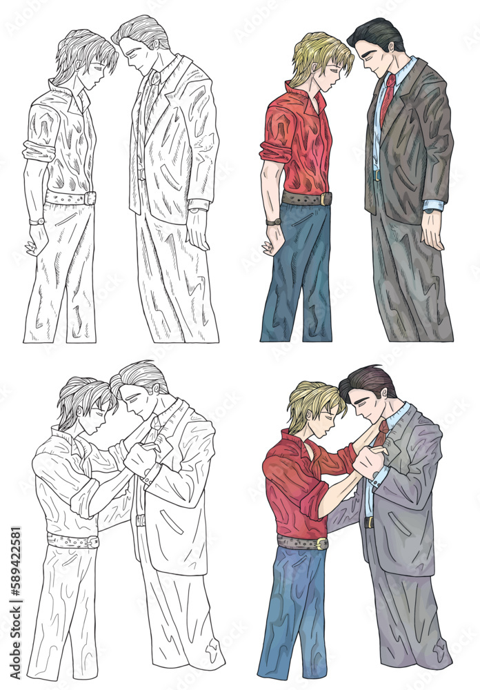 Design set with hand drawn vector illustration of romantic young gay ...